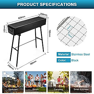 IRONWALLS Portable Charcoal Grill 32 Inch, Black Folding Stainless Steel Barbecue Grill for Outdoor Cooking, Large Lamb Skewer Grill for Patio, Party, Picnic, Travel, Camping, Home & Commercial Use