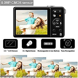 Digital Camera for Photography, 20MP Rechargeable Point and Shoot Digital Camera with 2.8" LCD 8X Digital Zoom for Kids Teens Elders（Black）