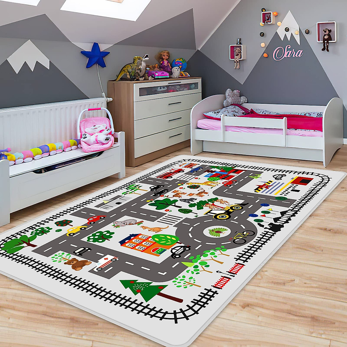 LTKOUGFAM Kids Rug City Life Playmat Play Carpet for Playing Cars Toy, Kids Baby Play Mat for Floor, Educational Road Traffic Floor Area Rug, Kids Rugs for Playroom Room Bedroom (78.7X 59 Inch)