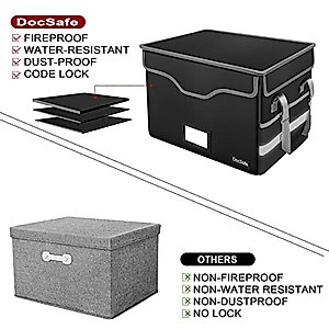 DocSafe File Box Fireproof Document Box with Lock,File Storage Organizer Box with Mesh Pockets,Collapsible Portable File Box Home Office File Cabinet with Handle for Hanging Letter/Legal Folder,Black