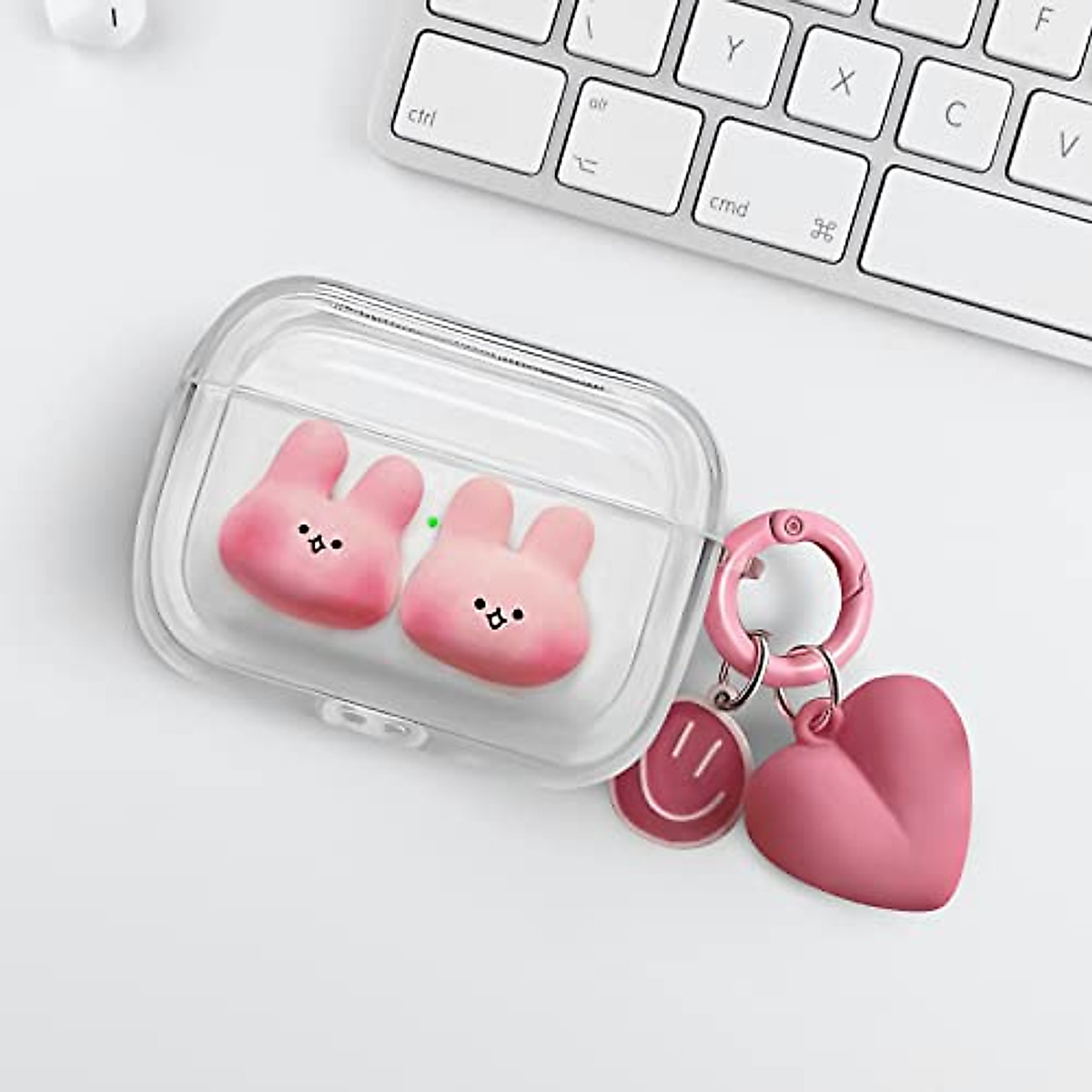 Woyinger Airpods Pro Case Cover with Keychain,Cute Kawaii Cartoon 3D Stereoscopic Pink Rabbit Head Clear Soft TPU Full Protection Shockproof Charging Case Cover Airpods Pro Case.