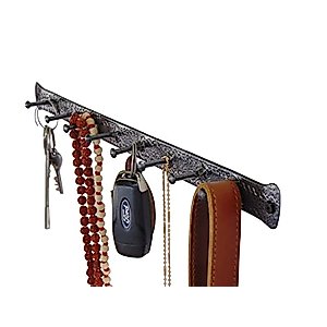 BOSKY Decorative Wall Mounted Key Holder Rack with 8 Hooks – Practical Rustic Handmade Engraved Iron Hanger Vintage Organizer for Keys Clothes Hats ~ Screws and Anchors Included (Antique Silver)