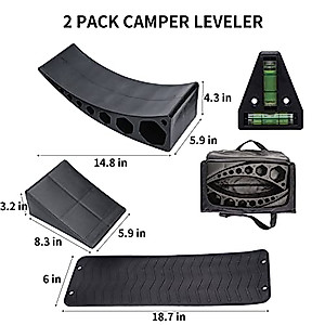 Homeon Wheels 2 Pack Camper Leveler Two Curved Levelers Two Blocks Two Non-Slip Mats One T Level for Trailers Campers, 35,000 lb Heavy Duty Leveler Tire Chocks for RV Camper Trailer Truck Motorhome