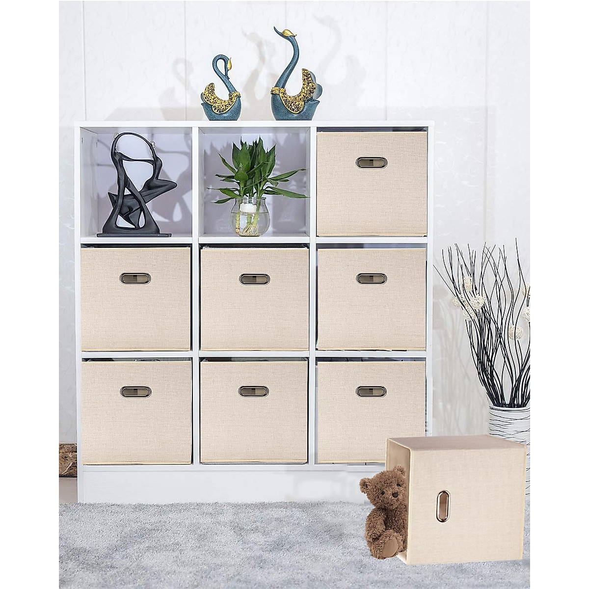 NEATJELAI Storage Cubes 13 Inches Cube Storage Organizer Bins Linen Fabric Storage Container with Metal Hallow Handles,Foldable Design for Shelves Closet Organizers and Storage, 4 Pack, Beige