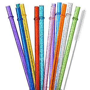 ALINK 12-Pack Glitter Reusable Clear Plastic Straws, 11" Long Hard Tumbler Drinking Straws with Cleaning Brush (10 Colors)