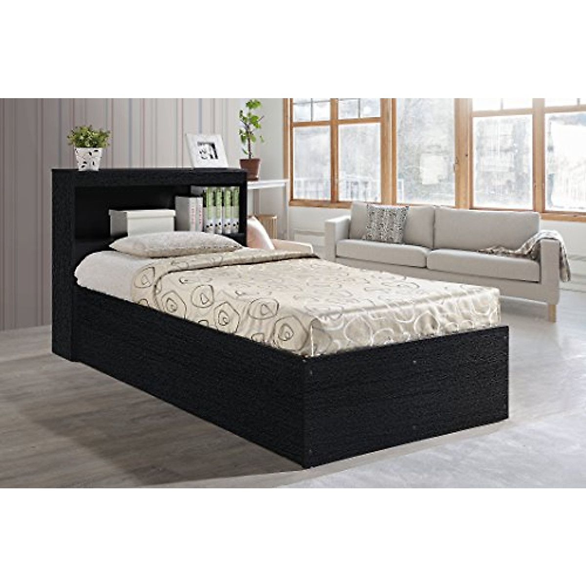 Hodedah Twin-Size Captain Bed with 3-Drawers and Headboard in Black, 85.6"L x 42.3"W x 39.2"H