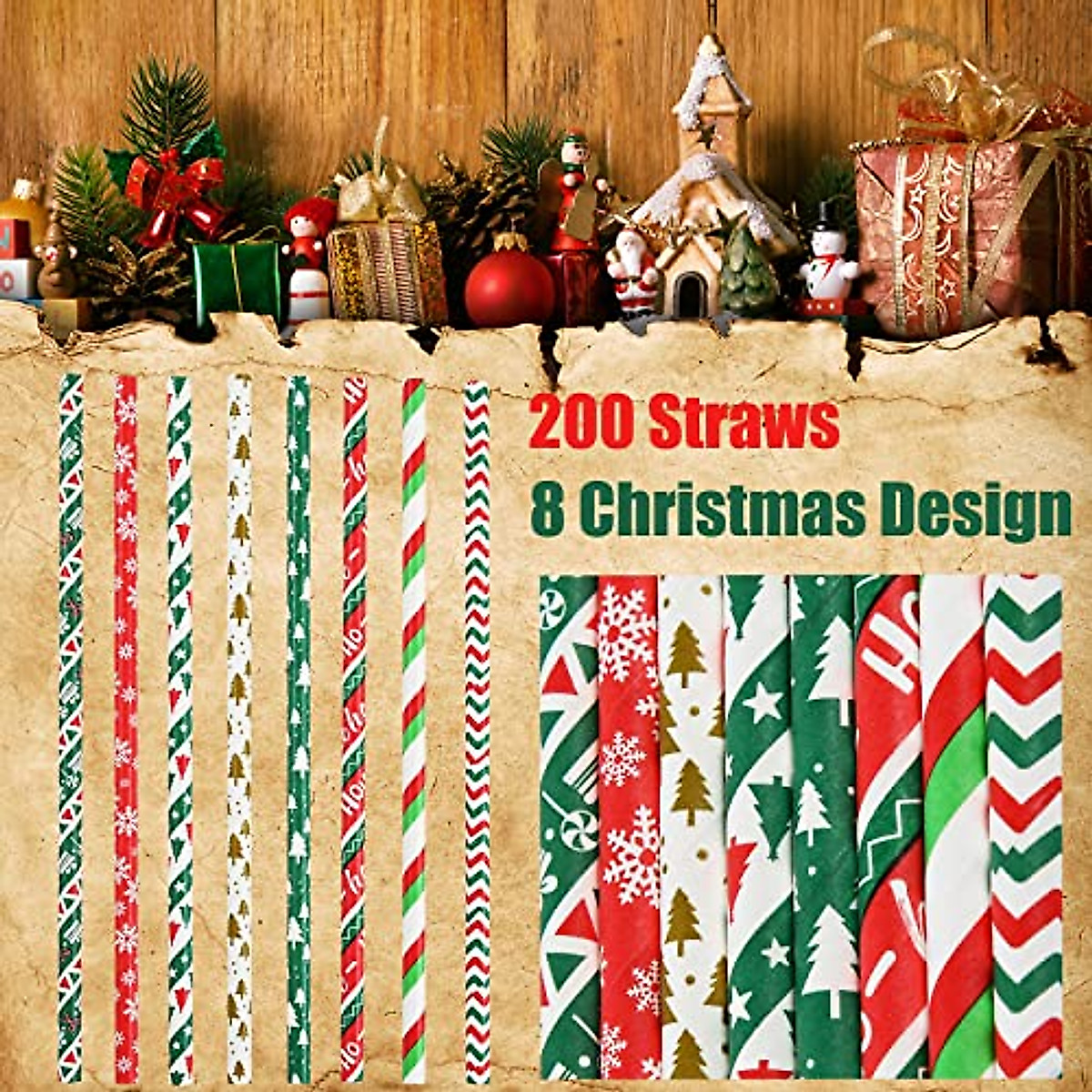 ALINK 200 Christmas Paper Straws, 8 Styles Red Green White Gold Biodegradable Party Drinking Straws with Stripe, Wave, Christmas Tree Snowflake Design Decorations Supplies