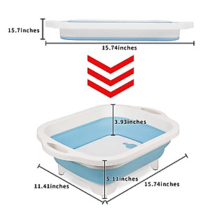 Ugusiu blue foldable washbasin with strainer, portable foldable chopping board, multipurpose kitchen basket silicone tray, suitable for travel camping and kitchen (one in blue)