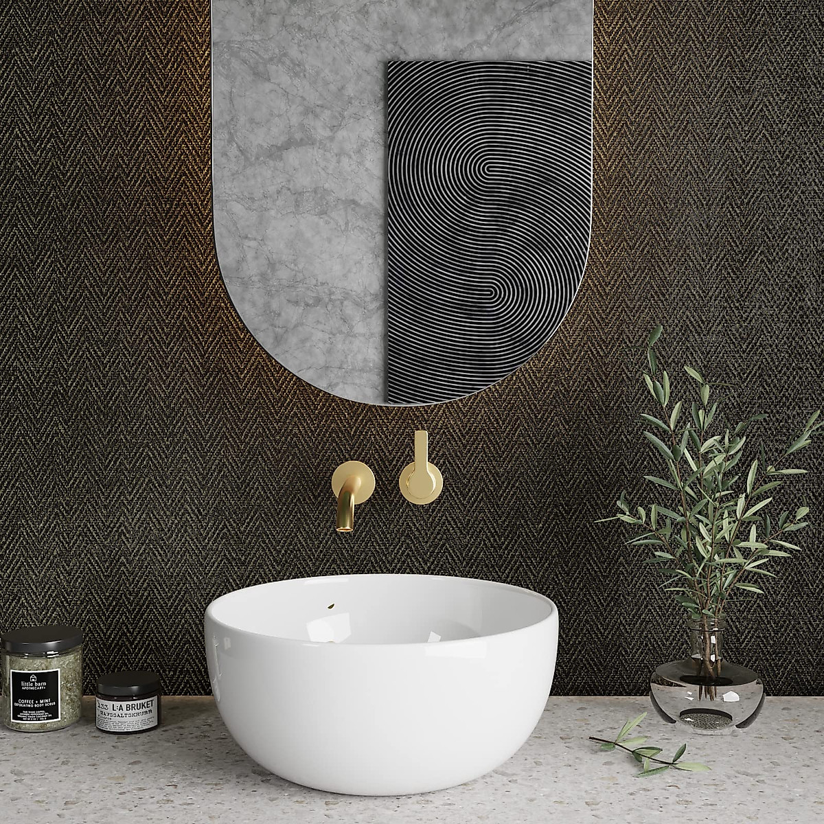 CRE8TIVE 24"x118" Black Gold Grasscloth Textured Wallpaper - Stick and Peel Fabric Linen Herringbone Removable Wallpaper - Self Adhesive Metallic Black Contact Paper for Bedroom Cabinets Walls