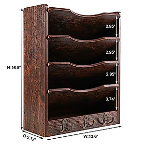 PAG 5-Tier Wall File Holder Hanging Mail Organizer Wood Magazine Literature Rack with 6 Hooks, Brown