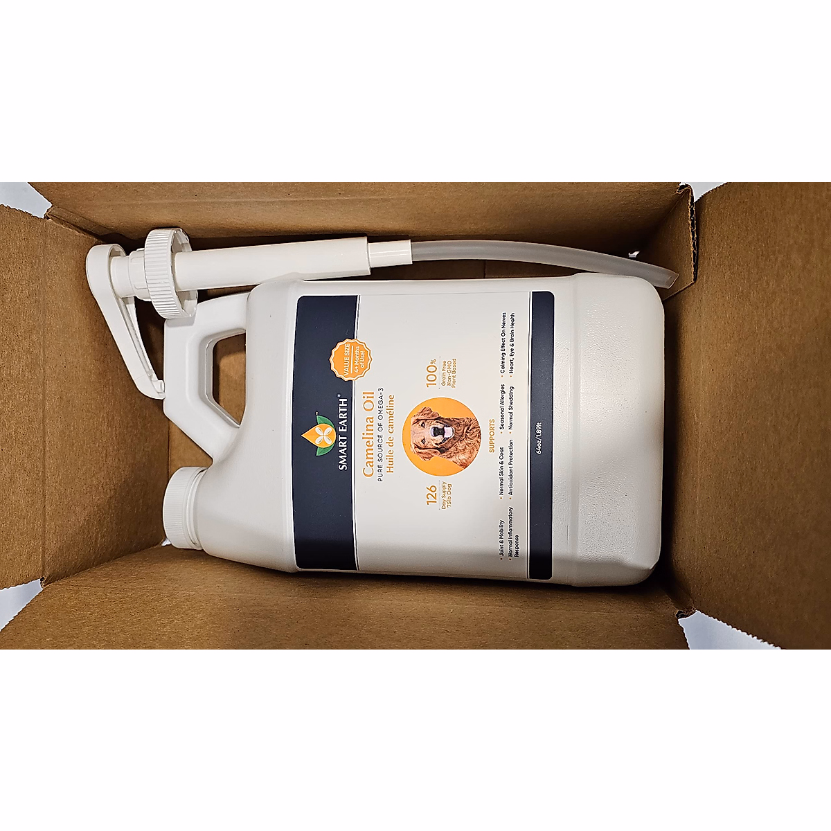 Smart Earth Camelina Oil for Dogs - Omega 3, 6, 9 Supplement for Healthy Skin, Shiny Coat & Flexible Joints - Dog Joint Supplement - Natural Canine Wellness - Omega 3 for Dogs (Pump Included - 64oz)