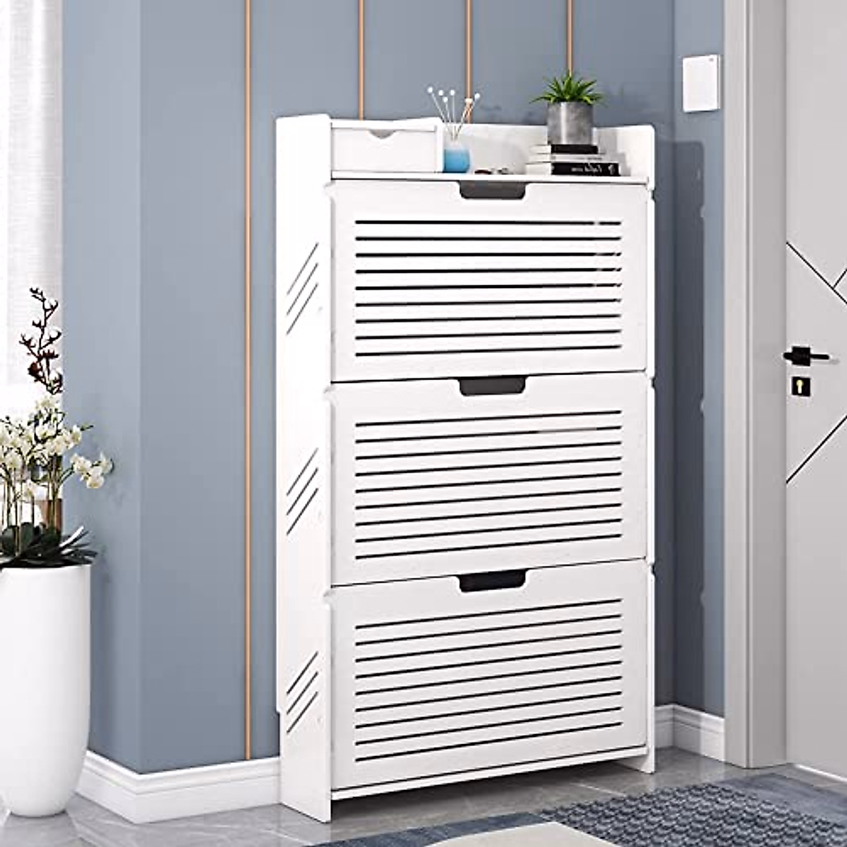 OIHYA White Tipping Shoe Cabinet Freestanding Racks Cabinet Shoe Storage Organizer for Entrances Hallways Corridor (3 Tier)