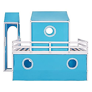 Merax Full Over Full House Bunk Bed, Kids Playhouse Bed, Solid Wood bunk Bed Frame with Slide Pink Tent and Tower, for Girls and Boys, Blue