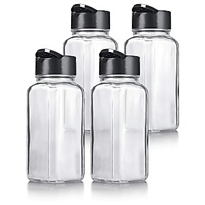 4 oz / 120 ml Clear Glass Square Spice Jar with Black Sifter (4 pack) - Two Sided Sifter Cap (shaker holes/pour open) and Freshness Seal for a professional look