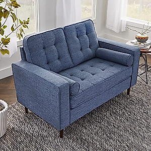 Edenbrook Lynnwood Upholstered Loveseat - Living Room Office or Bedroom - Mid-Century Modern Design Furniture - Buttonless Tufting - Simple Assembly - Includes 2 Bolster Pillows - Navy