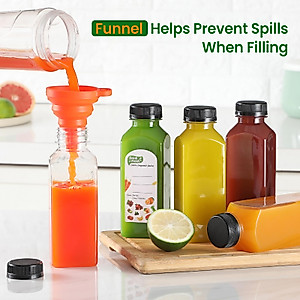 24 PACK, 12 OZ Reusable Plastic Juice Bottles with Caps, Plus 24 Labels & 2 Silicone Funnels - Clear Juicing Bottles for Juice, Smoothies, Ginger, Tea, Coffee - Food Grade & Leakproof Travel Bottles