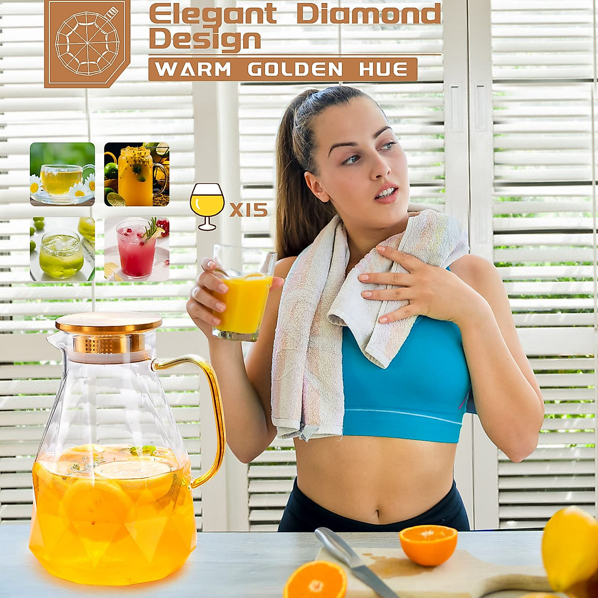 Yirilan Glass Pitcher,74oz/2.2 Liter Water Pitcher with Lid,Beverage Serveware,Iced Tea Pitcher,Water Carafe with Handle,Heat Resistant Borosilicate Water Glass Jug（with Mixing Spoon and Cup Brush）