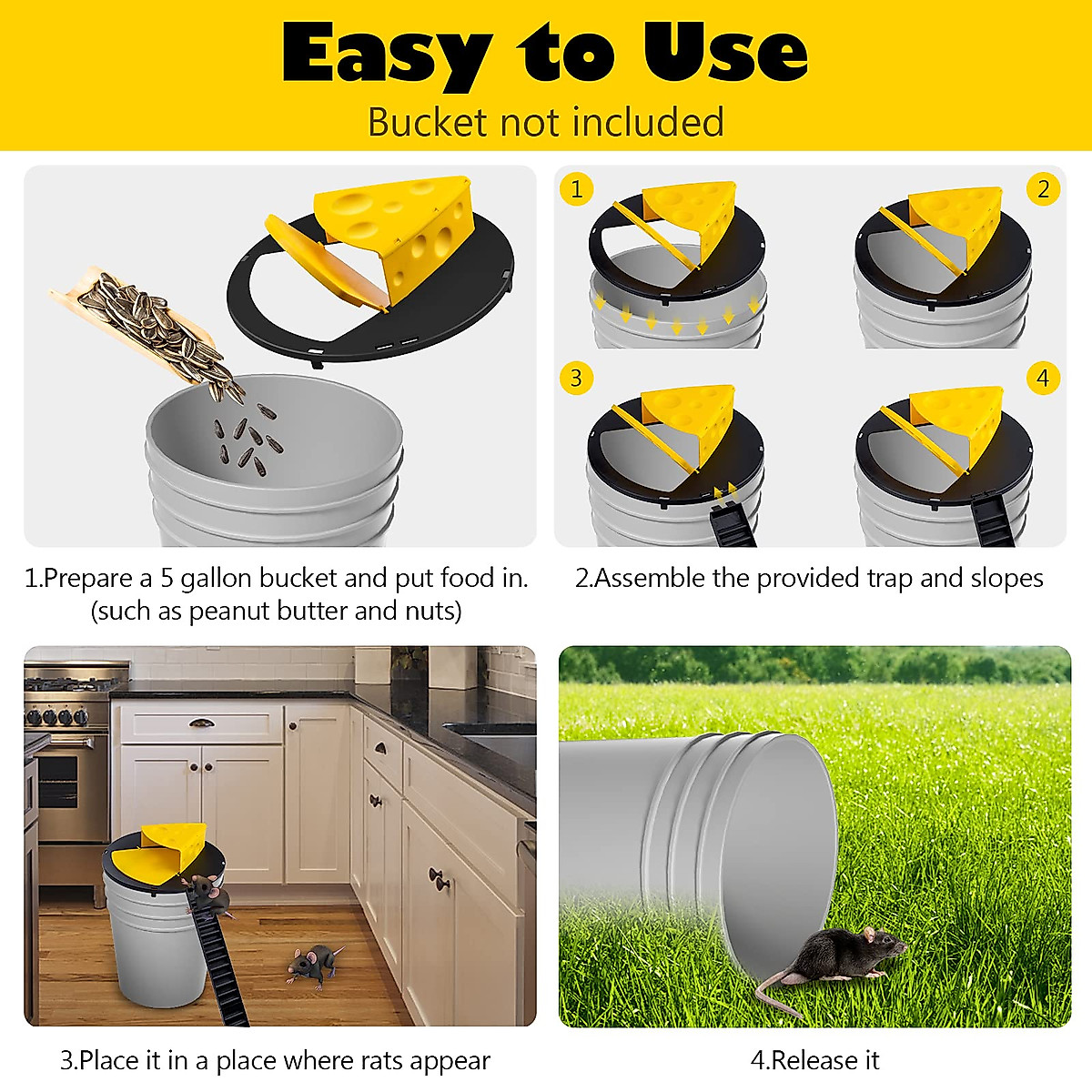 Mouse Trap Bucket, Bucket Lid Mouse Trap,Reusable Humane Mouse Traps for House Indoor,5 Gallon Auto Reset Rat Trap (2 Pack)