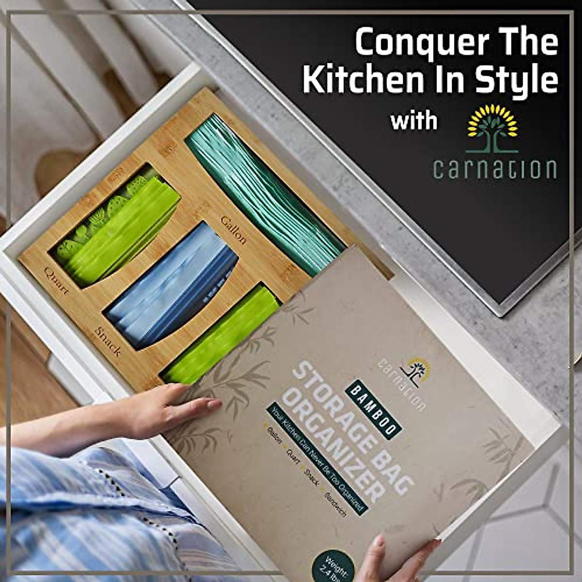 Carnation Brands Bamboo Ziplock Bag Organizer for Drawer - Rustic Brown Dispenser Kitchen Organization Pre-Assembled Baggie Storage to Minimize Clutter 12-''x12-''x3-''