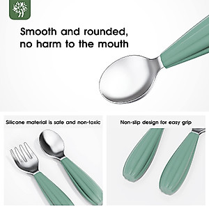 Hippywell Toddler Utensils, 6PCS Toddler Forks and Spoons Set, Kids Silverware Set with Silicone Anti-Choke Handle, Self-Feeding Toddler Utensils, Children Safe Flatware, Khaki/Green/Natural