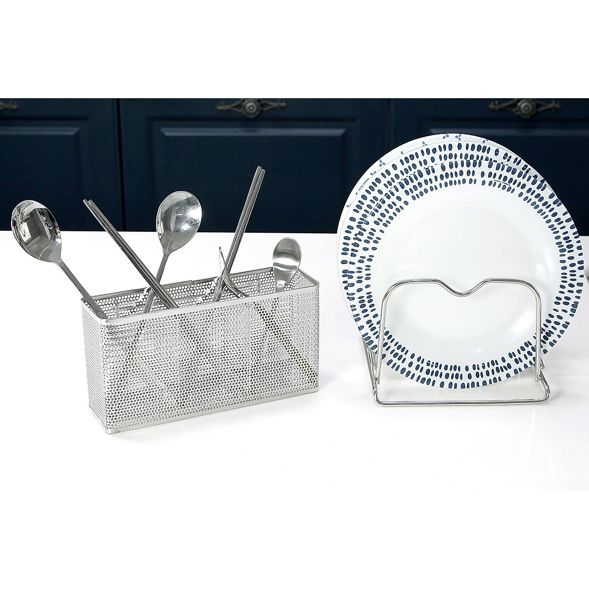 LENITH Kitchen Utensil Chopsticks Perforated Holder with Hooks - 304 Stainless Steel Storage for Organizer Dishwasher Safe (Large Rectangle)