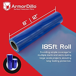 ArmorDillo Vent Film Duct Masking Tape - Temporary Register Sealing Tape for Air Ducts, Vents & HVAC - Blue Self-Adhesive Protection Film, High Tear & Puncture Resistance, UV Protection -8” x 185