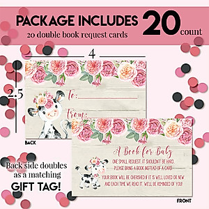 Amanda Creation Watercolor Pink Floral Cow “Bring a Book” Cards for Baby Showers, 20 2.5 by 4 Inch Double Sided Insert Cards, Invite Guests to Bring a Book for the Baby