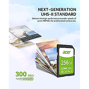 Acer SC900 256GB SDXC UHS-II Professional Digital SD Memory Card - C10, U3, V90, 4K, Full HD Video - Up to 300MB/s Read Speed for DSLR and Camera - BL.9BWWA.312