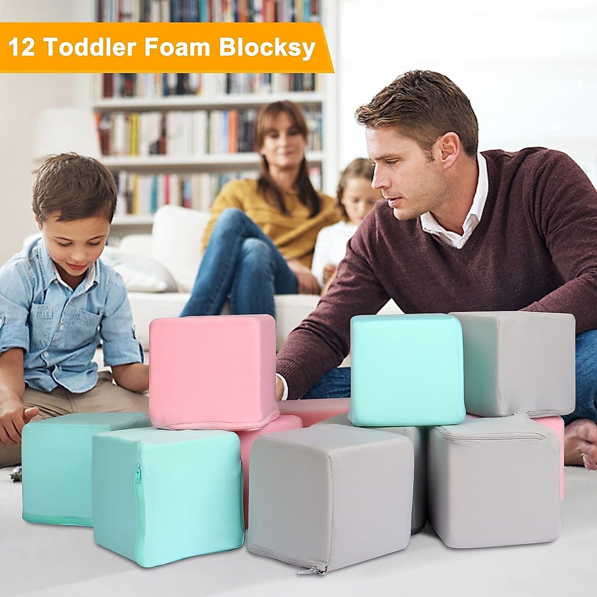 TRENDBOX Toddler Foam Cubes, 12 Pcs 5.5inch Soft Foam Blocks with Detachable Washable Cover, Soft Stacking Blocks for Baby（Light Gray/Pink/Blue
