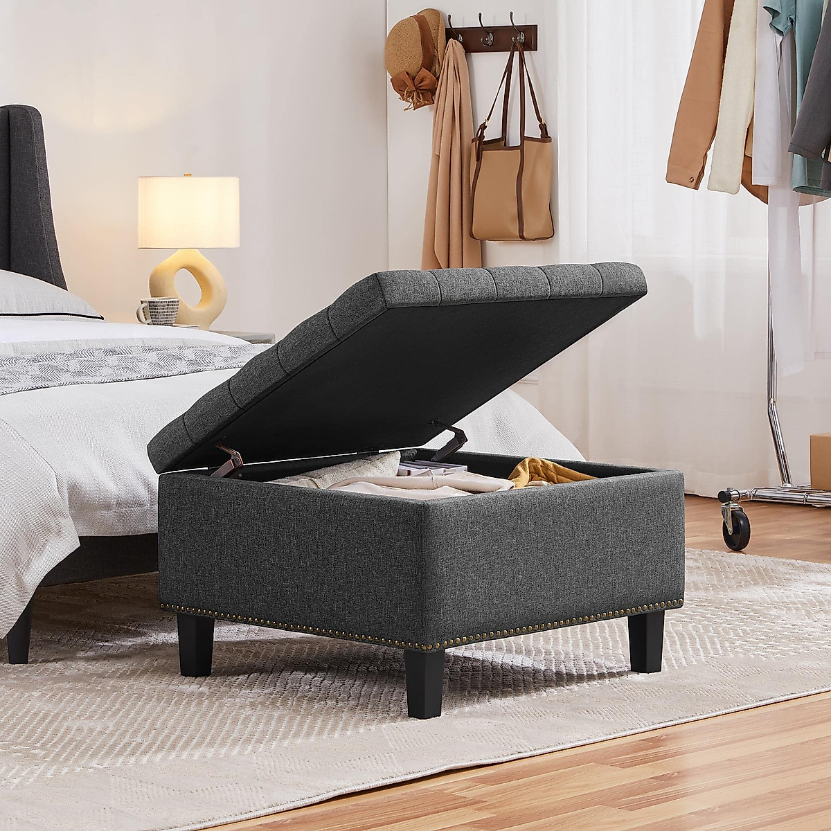 Yaheetech Ottoman with Large Storage, Multifunctional 28-inch Storage Bench, Bedroom Bench Foot Rest with Cushion as Footboard Bench, Sofa Bench, Coffee Table for Living Room Entryway Gray