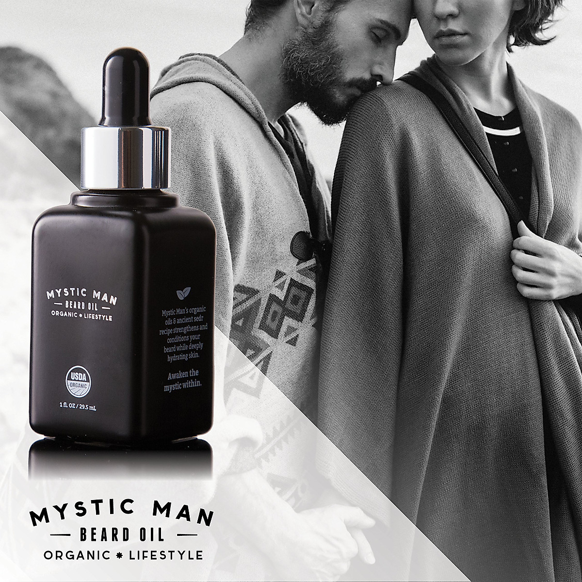Mystic Man Organic Premium Beard Oil - (Promotes Growth, Softens and Strengthens Beard & Mustache), USDA Organic, Leave-In Conditioner with Sandalwood, and Jojoba Oil, 1.0 Fl oz.