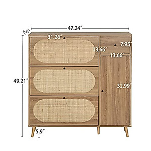 Henf Rattan Shoe Cabinet, Modern Shoe Cabinet Rack with 3 Flip Drawers and Storage Cabinet, Freestanding Shoe Rack Storage Organizer Narrow Shoe Cabinet for Entrance Hallway(Walnut)