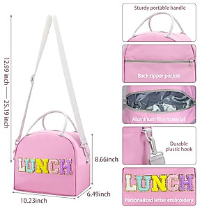 Lunch Box for Women, Large Insulated Lunch Box for Girls, Personalized Preppy Lunch Box for Adults with Adjustable Shoulder Straps,lunch Bag Women with Chenille Letters for Kids（Pink-lunch)