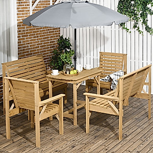 Outsunny 5 Piece Wooden Patio Dining Set for 6, Outdoor Conversation Set with 2 Armchairs, 2 Loveseats, and Dining Table with Umbrella Hole for Backyard, Garden, Light Brown