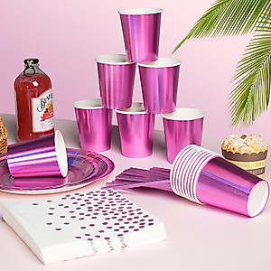 Iridescent Pink Party Supplies Decorations Serve 25, Hot Pink Holographic Paper Plates and Napkins Set, Disposable Pink Paper Plates Cups Knives Spoons Fork for Mermaid Disco Birthday Graduation Party