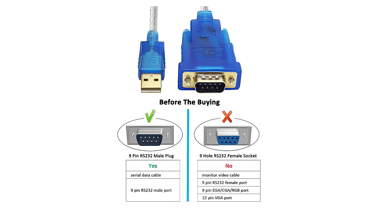 DTech USB to Serial Adapter - FTDI Chip, 1.5 Feet