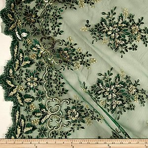 Pine Green/Gold Rowley Sequin Embroidered Mesh Fabric. Lace Netting Material Ideal for Sewing, Dresses, Gowns, Dresses, Skirts, Veils, DIY, Arts & Crafts, Drapery, Tablecloths, Home Décor Etc
