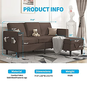 Mjkone Convertible Sectional Sofa Couch, 3-Seat L-Shaped Sofa with Storage Ottoman, Wooden Couch Legs Modern Linen Fabric Reversible Chaise for Living Room, Studio, Apartment - Coffee