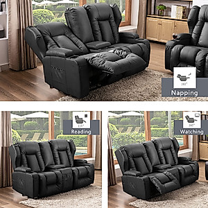BINGTOO Home Theater Seating 67” RV Recliner Double Recliner Loveseat Manual Recliner Leather Recliner Loveseat Reclining Sofa with Console Slate, Cup Holder, Side Pocket