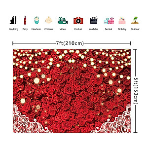 BINQOO 7x5ft Valentine's Day Red Rose Photography Backdrop Red Floral Wall Background Wedding Bridal Shower Women Party Red Flowers Wall Background Girls Birthday Party Supplies
