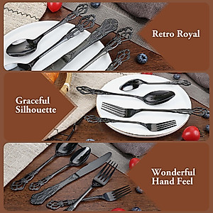 PUREAIN Silverware Set, 30 Pieces Retro Royal Silverware Set for 6, Anti-rust Stainless Steel Flatware Set Including Fork Spoon and Knife, Dishwasher Safe, Black