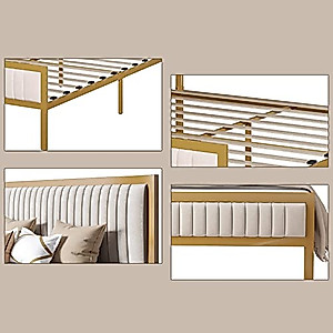 HOMBCK Full Size Bed Frame with Headboard and Footboard, Platform Bed Frame Full with Velvet Tufted Headboard, No Box Spring Needed, Strong Metal Slat Support, Easy Assembly, White & Gold