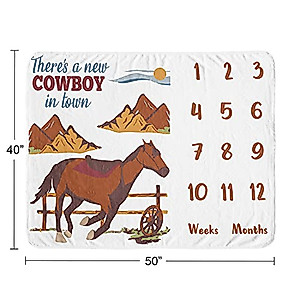 Sweet Jojo Designs Wild West Cowboy Boy Milestone Blanket Monthly Newborn First Year Growth Mat Baby Shower Memory Keepsake Gift Picture - Red Blue and Tan Western Southern Country Horse Mountains