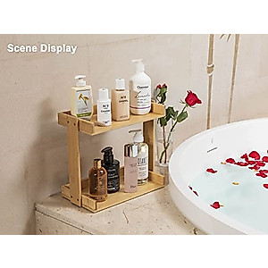 PELYN 2 Tier Bathroom Organizer Counertop, Bamboo Bathroom Counter Corner Shelf for Bath Shampoo Lotion Accessories