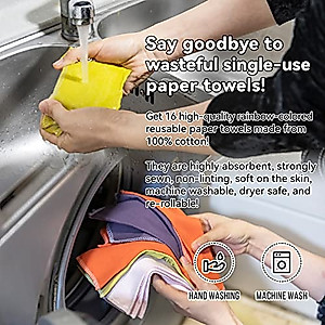 Reusable Paper Towels Washable Roll - Pack of 16 Kitchen Paperless Paper Towels - 100% Cotton Cloth Paper Towels, Super Soft, Absorbent, Zero Waste Alternative Napkins