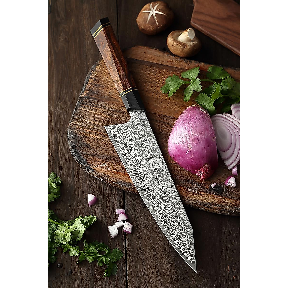 XINZUO 8.5 inch Chef Knife Damascus Steel Hand Forged Kiritsuke Kitchen Knife, Professional Gyuto Knife-Desert Ironwood Handle with Black Walnut Wooden Sheath and Acacia Wooden Box