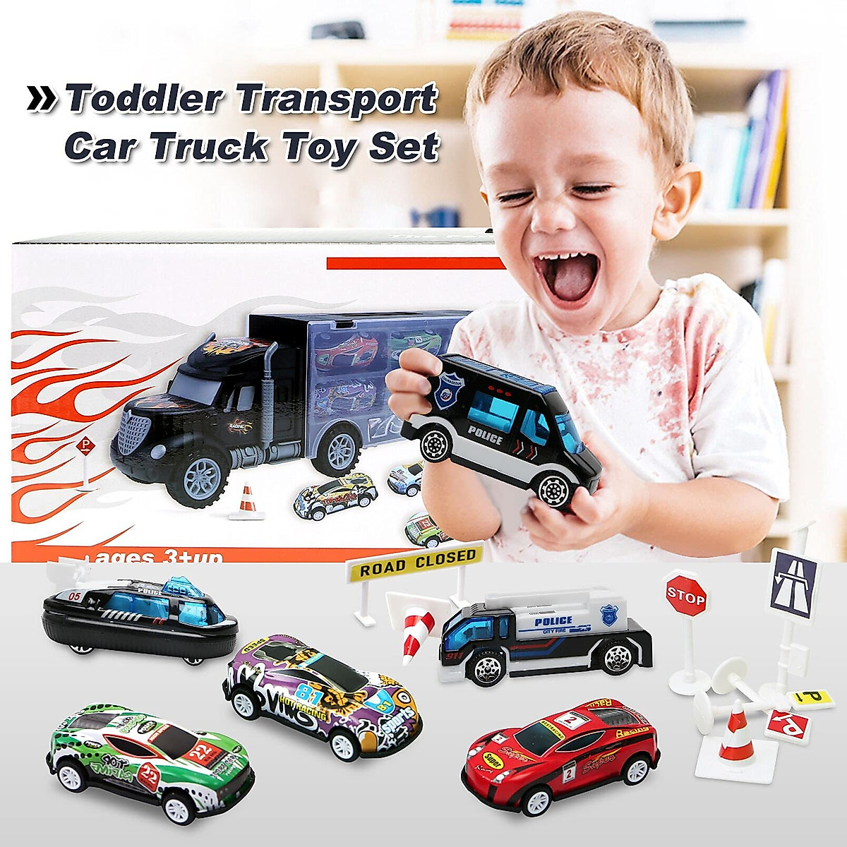 Toddler Toys for 3-4 Year Old Boys,Large Transport Cars Carrier Set Truck Toys with 12 Die cast Vehicles Truck Toys Cars,Ideal Christmas Easter Gifts Toys for Kids Age 3-7