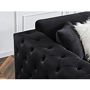 Melpomene Black Velvet Loveseat Sofa,Handmade Button Tufted Square Arm withFaux Diamonds, Mirrored Trim,Silver Metal Legs