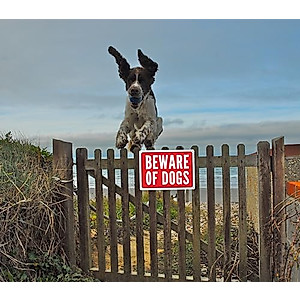 Beware of Dog Sign, Metal Warning the Dogs Signs for Fence Gate, 2 Pack 10 x 7 inches, for Indoor and Outdoor Use, No Fade Aluminum Weatherproof Long Lasting Red Ink (10 x 7, RED)