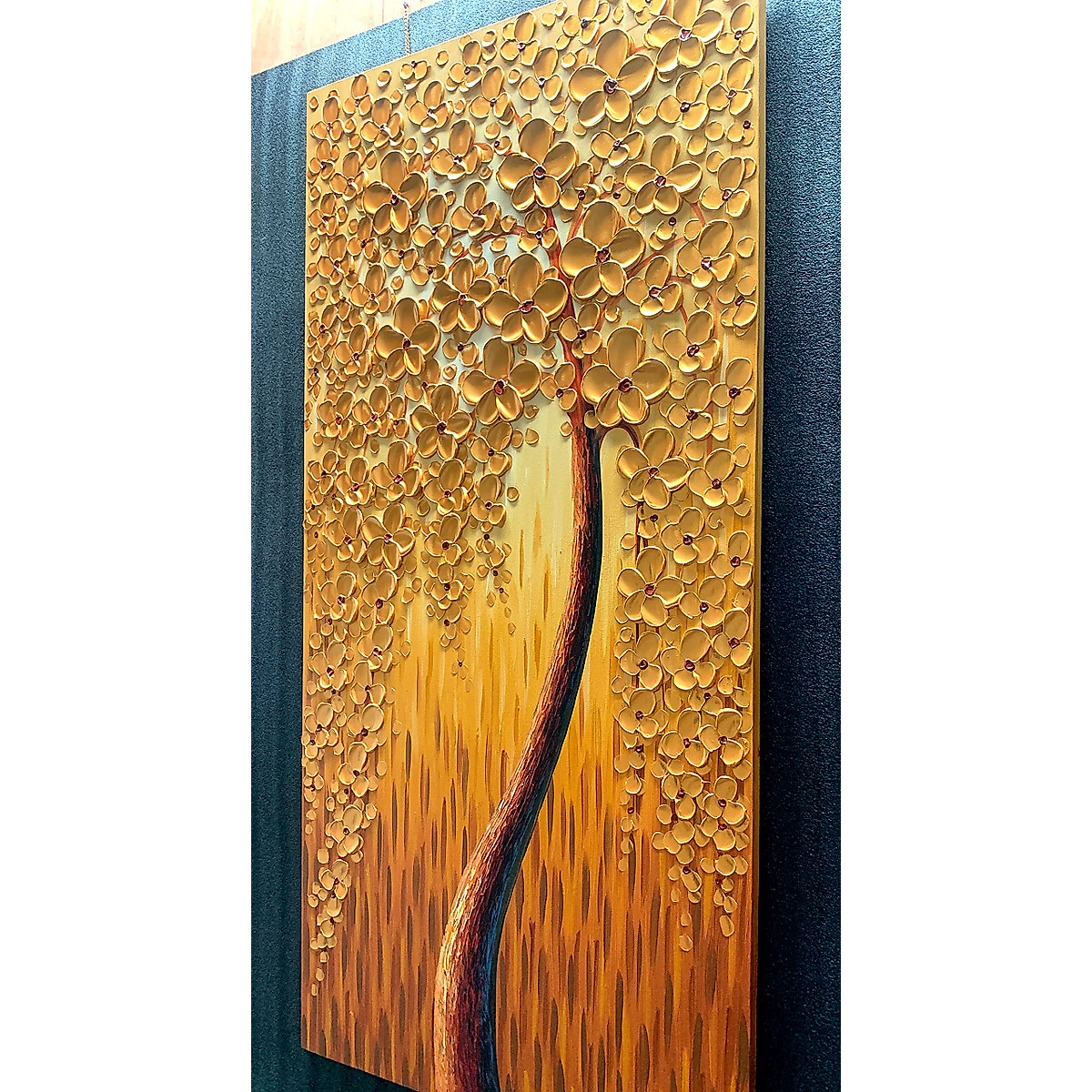 Yika Art, 3D Paintings Modern Abstract Oil Painting Hand Painted On Canvas Abstract Artwork Picture Wall Decoration for living room - Golden Lucky Tree Wall Art-24X48 Inch